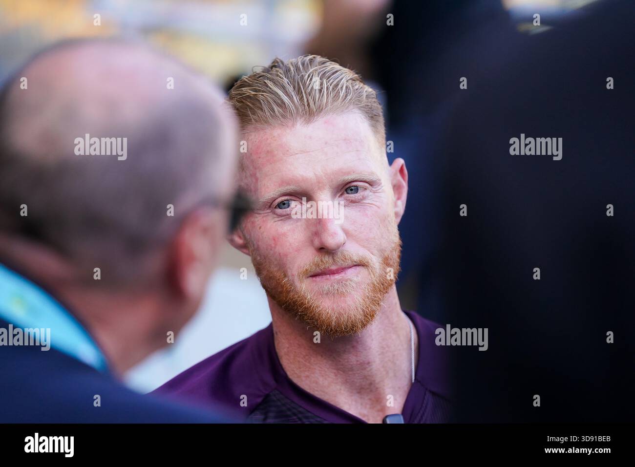 England’s Ben Stokes speaks with Jonathan Agnew at The Gabba, Brisbane ...