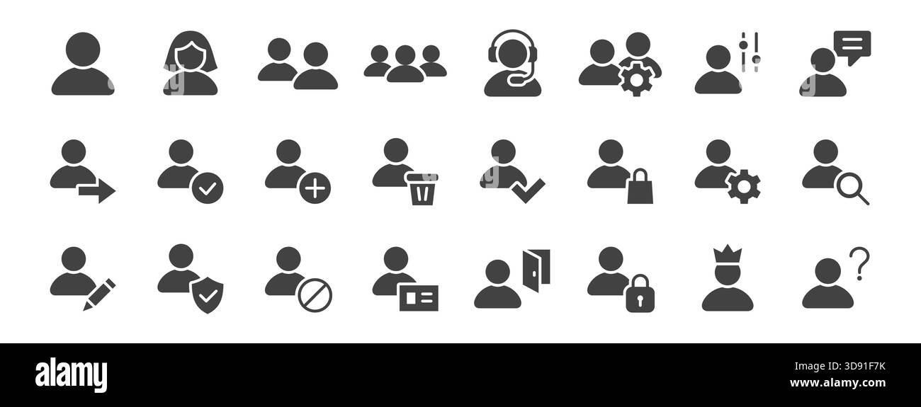 User account glyph icon set. Profile, login, admin, settings, security ...