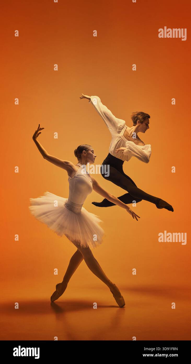 Ballet dancers captured in dramatic jump and poised stance on vivid ...