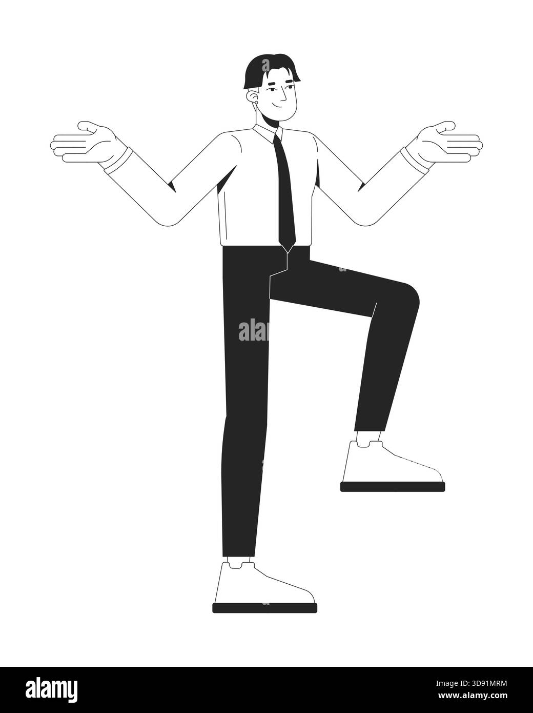 Asian office worker standing with arms open and one leg raised 2D line ...