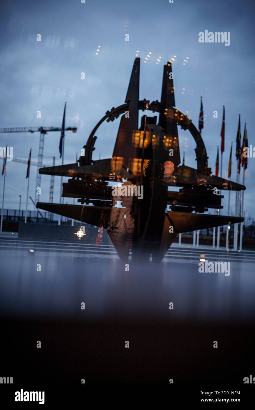 NATO logo in front of the NATO headquarters. Brussels, December 3, 2025 ...