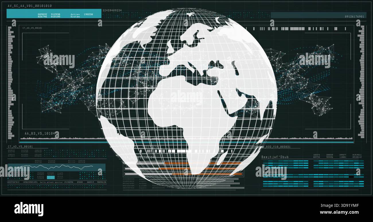 Displaying white stylized globe occupying center, showing network node ...