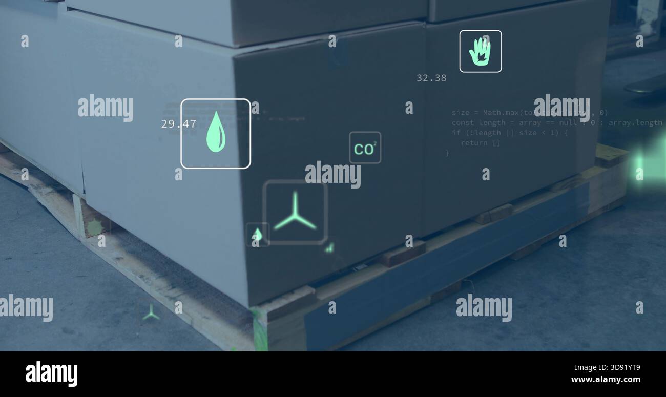 Displaying large cardboard boxes on wooden pallet in warehouse, with AR ...