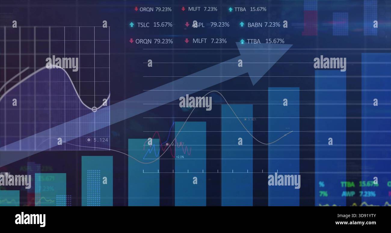 Highlighting translucent upward arrow crossing blue bars and line on ...
