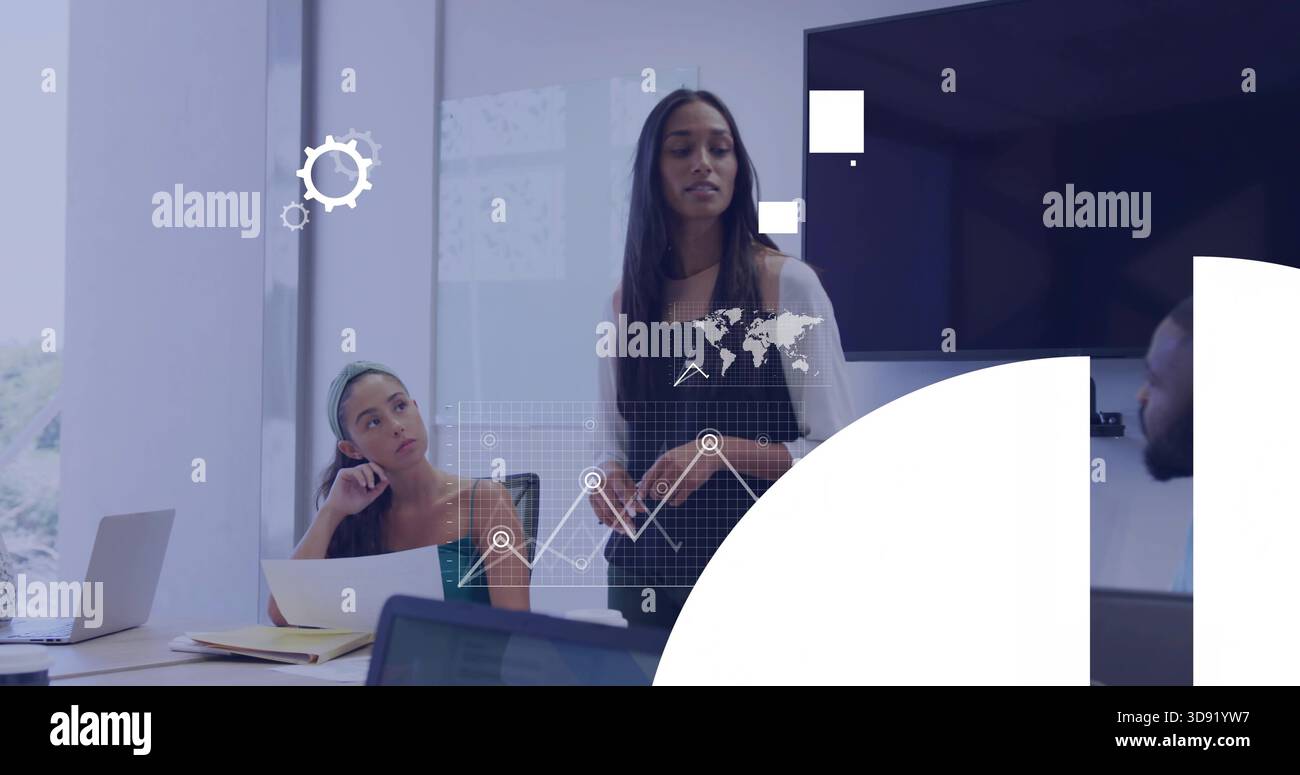Presenting woman explaining data at conference table with laptop ...