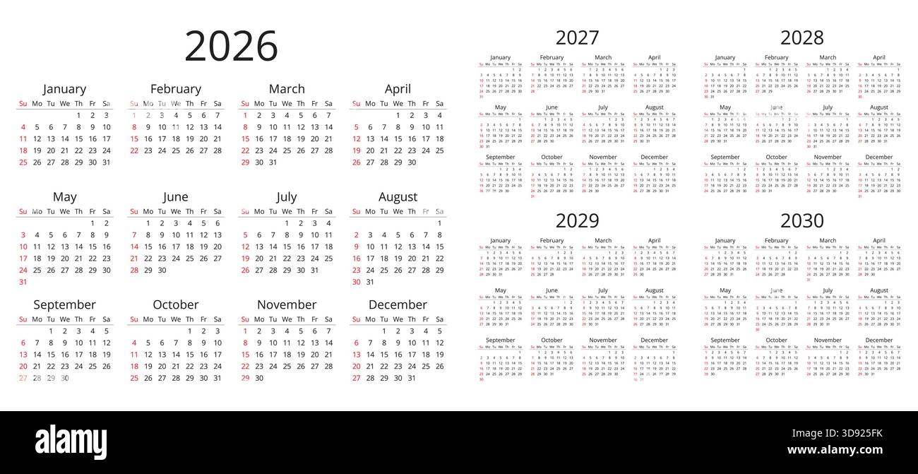 2026, 2027, 2028, 2029, 2030 years english calendars. Simple printable ...