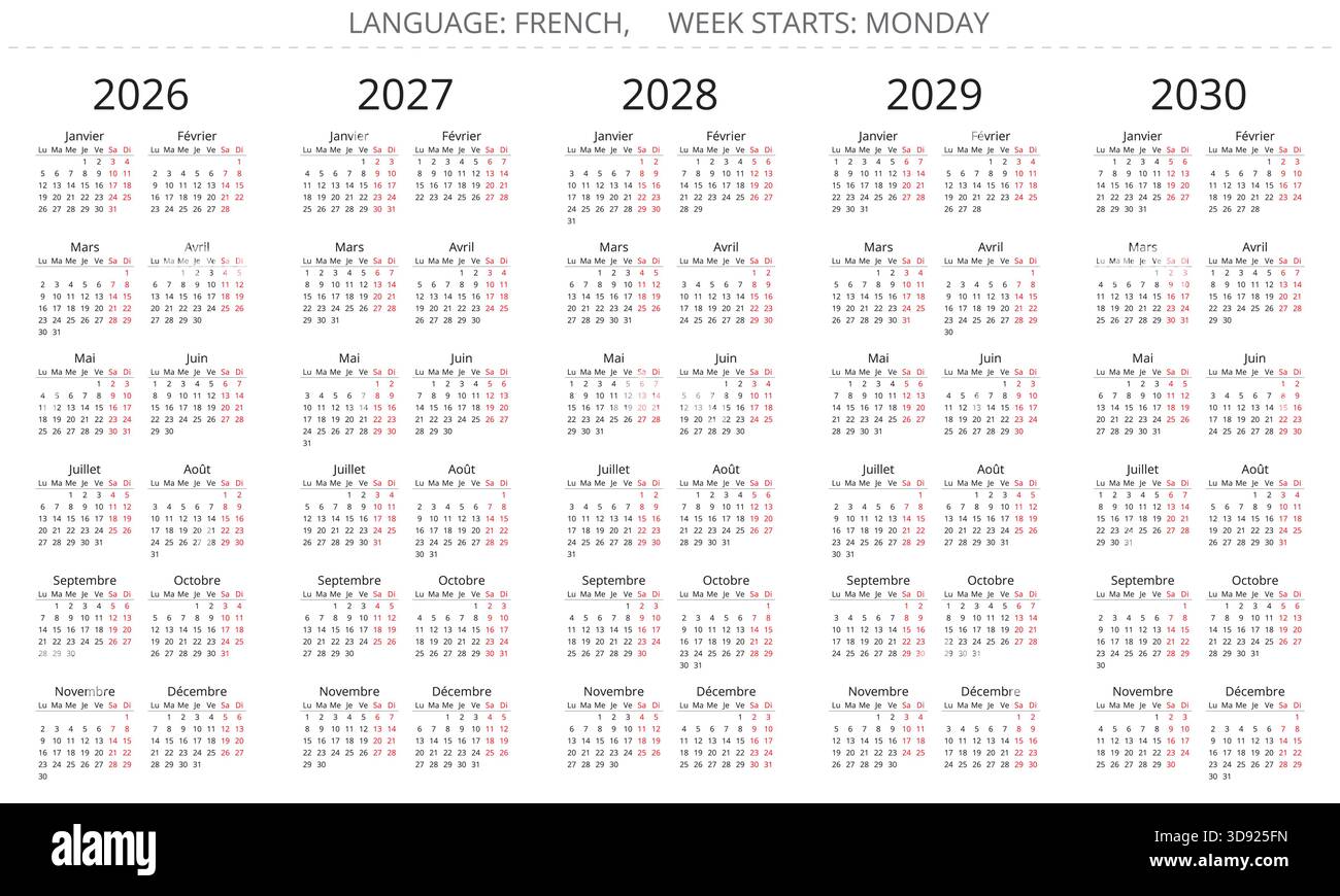 2026, 2027, 2028, 2029, 2030 french simple clear calendar isolated on ...