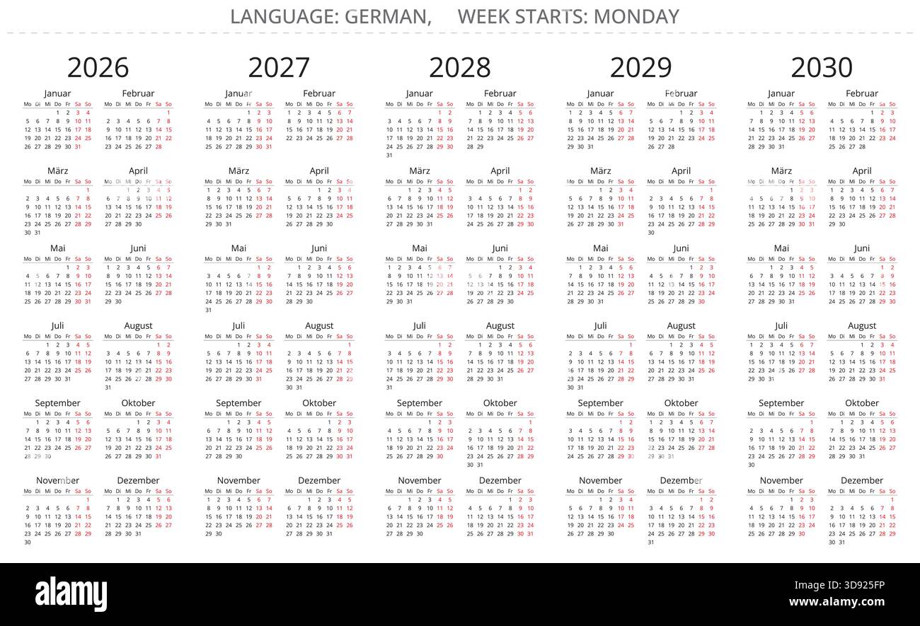 German calendars for 2026, 2027, 2028, 2029, 2030. Vector year ...