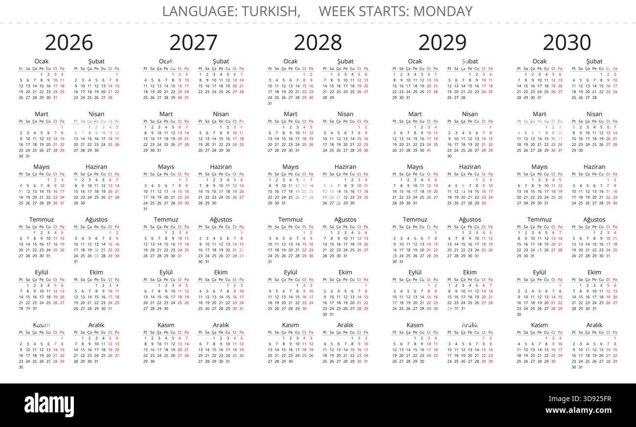 2026, 2027, 2028, 2029, 2030 year turkish simple calendars. Vector ...