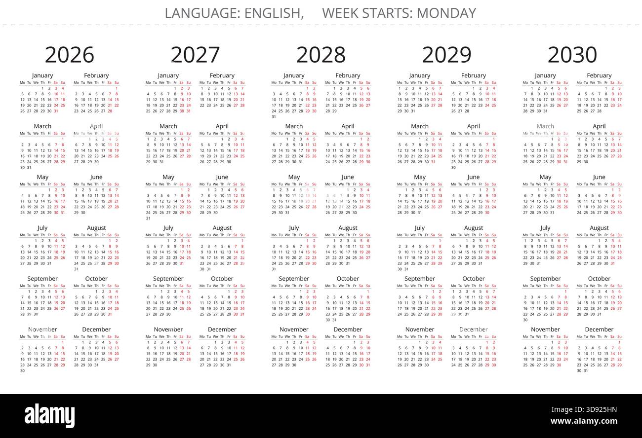 2025, 2026, 2027, 2028, 2029 years english vector annual calendars ...