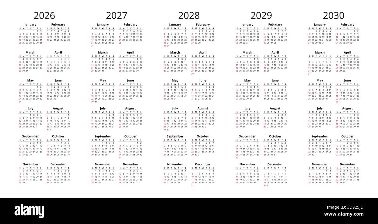 2026, 2027, 2028, 2029, 2030 years english calendars in two columns ...