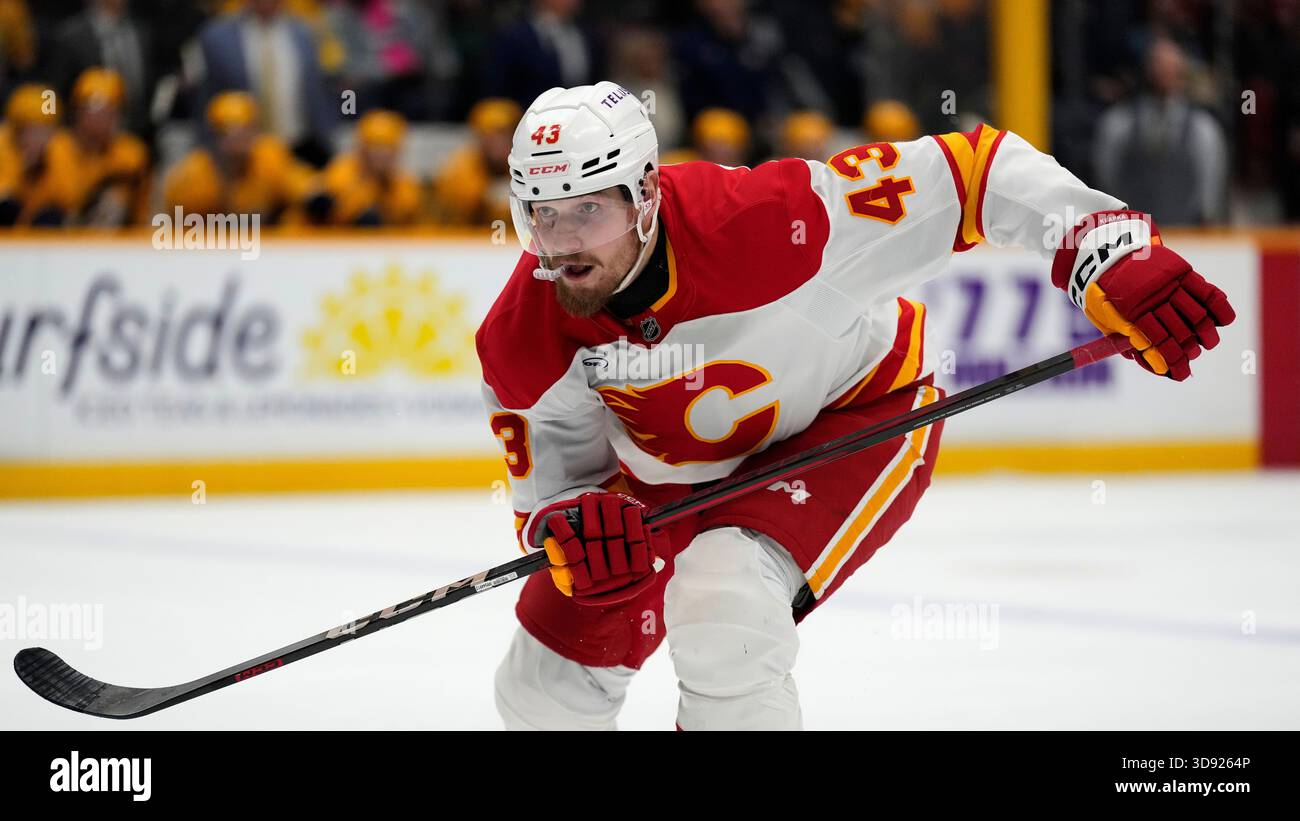 Calgary Flames right wing Adam Klapka (43) plays against the Nashville ...
