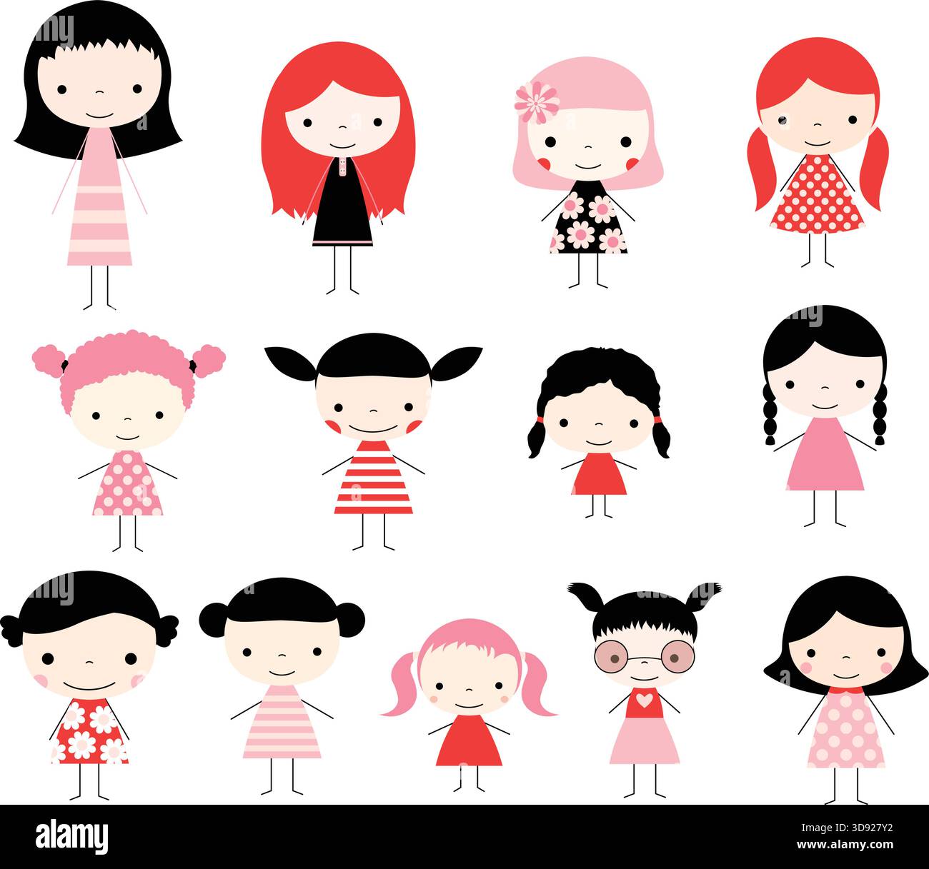Cute set with vector stick figures. Cute girls in pink red and black ...