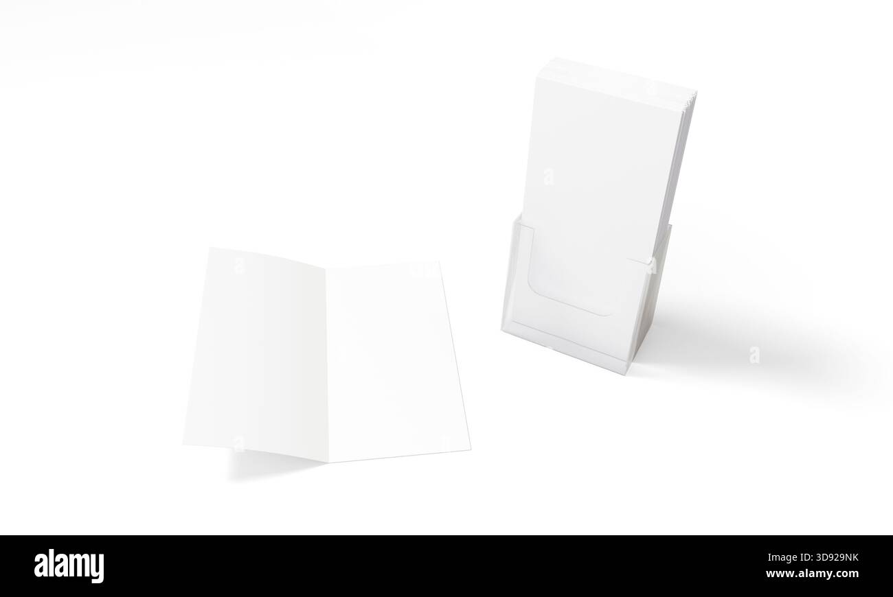 Transparent brochure holder filled with blank flyers beside open tri ...