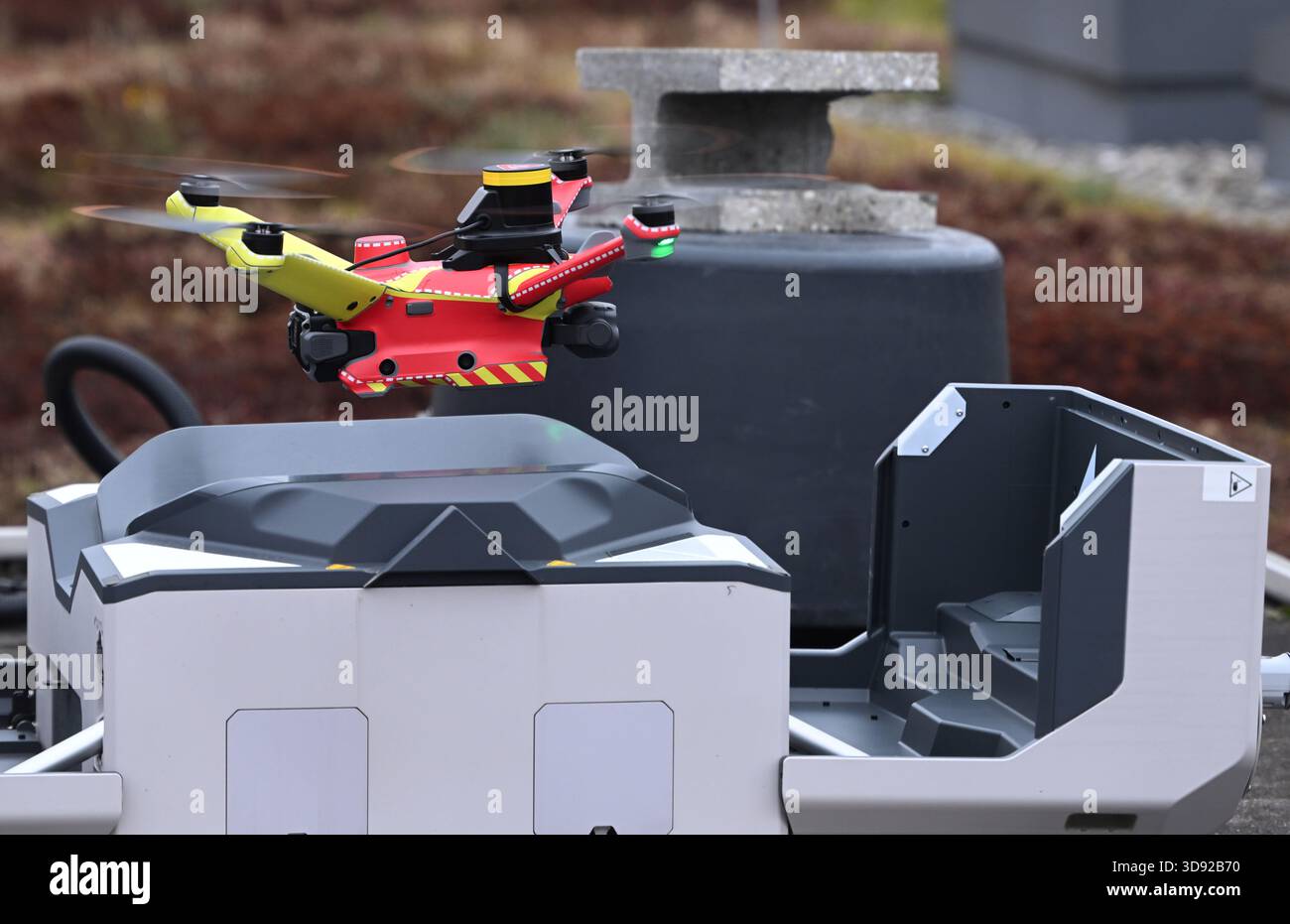 03 December 2025, Bavaria, Munich: A drone takes off from a drone ...