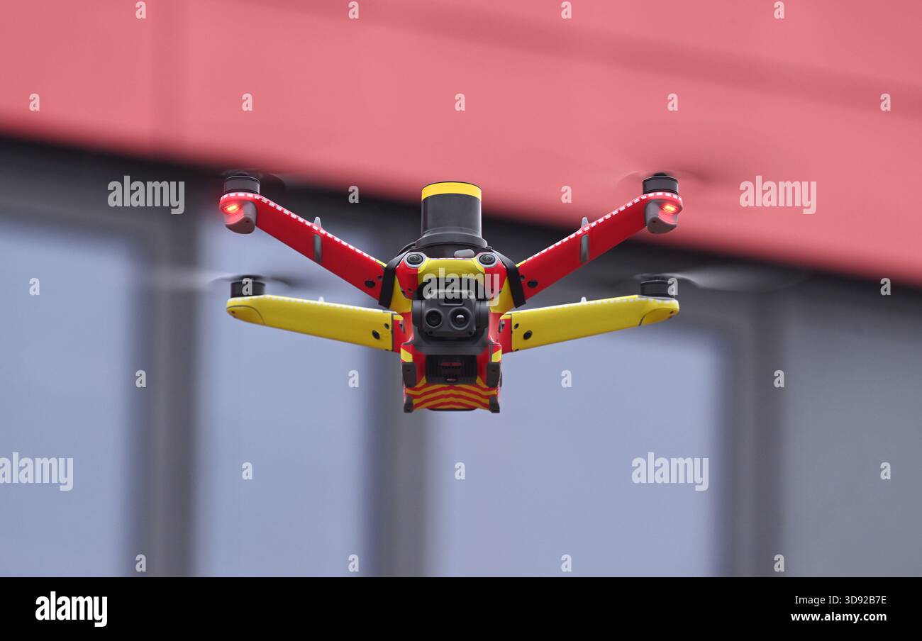 03 December 2025, Bavaria, Munich: A drone flies over Fire Station 4 in ...