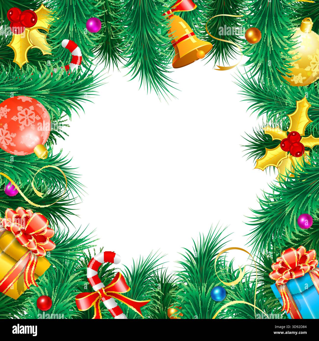 Christmas Frame with Baubles, Fir Branches, Bell, Gifts and Mistletoe ...