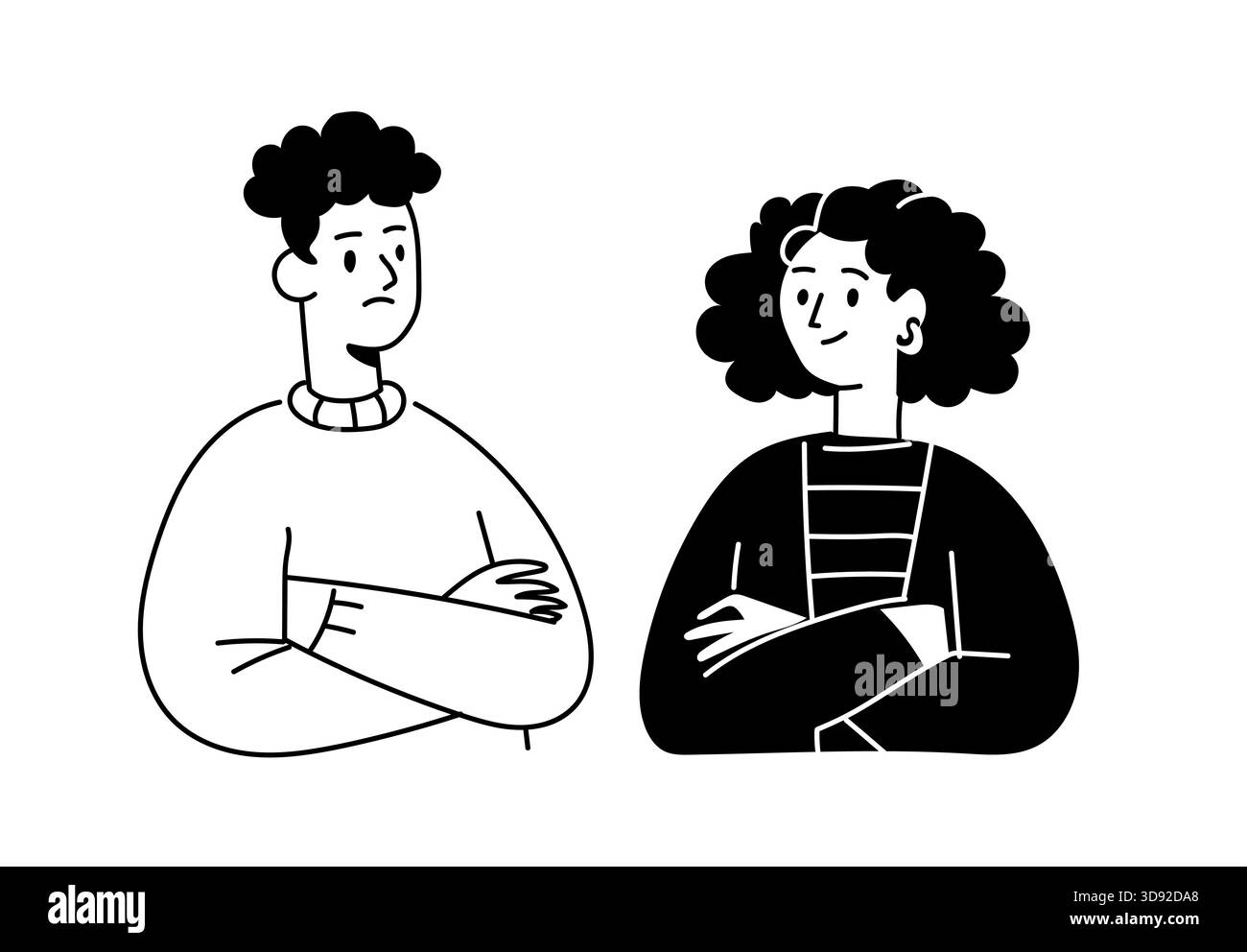 An unhappy man and woman stand apart with arms crossed, looking angry ...
