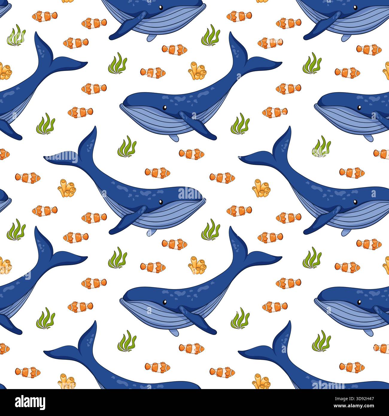 Humpback whale and Clown fish seamless pattern in cartoon style ...