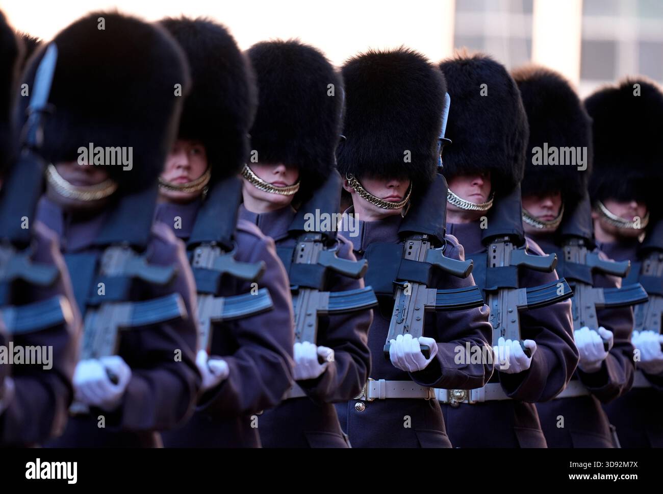 Grenadier guards march past the dais during the ceremonial welcome at ...