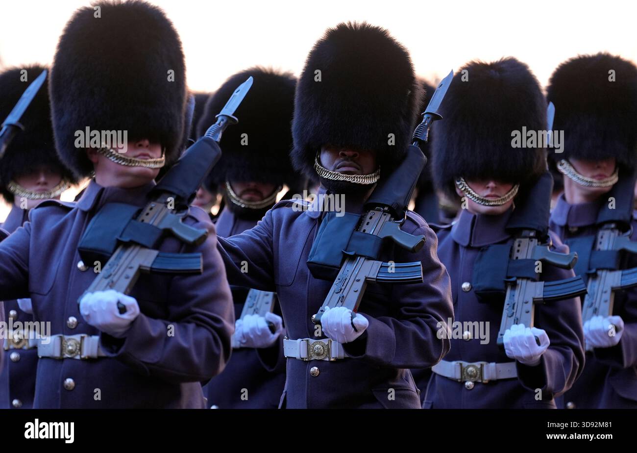 Grenadier guards march past the dais during the ceremonial welcome at ...