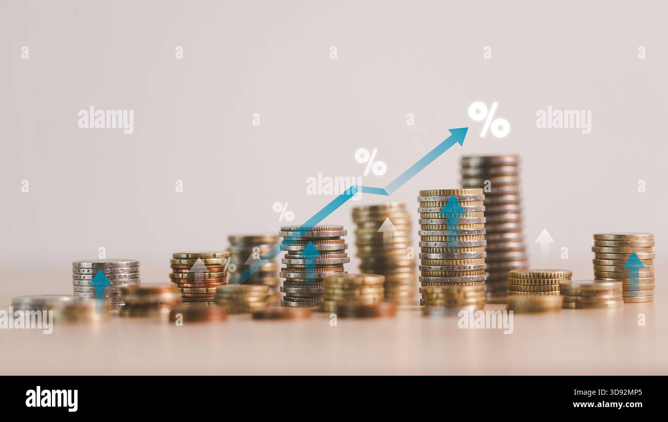 Rising stacks of coins with growth arrows and percentage symbols ...