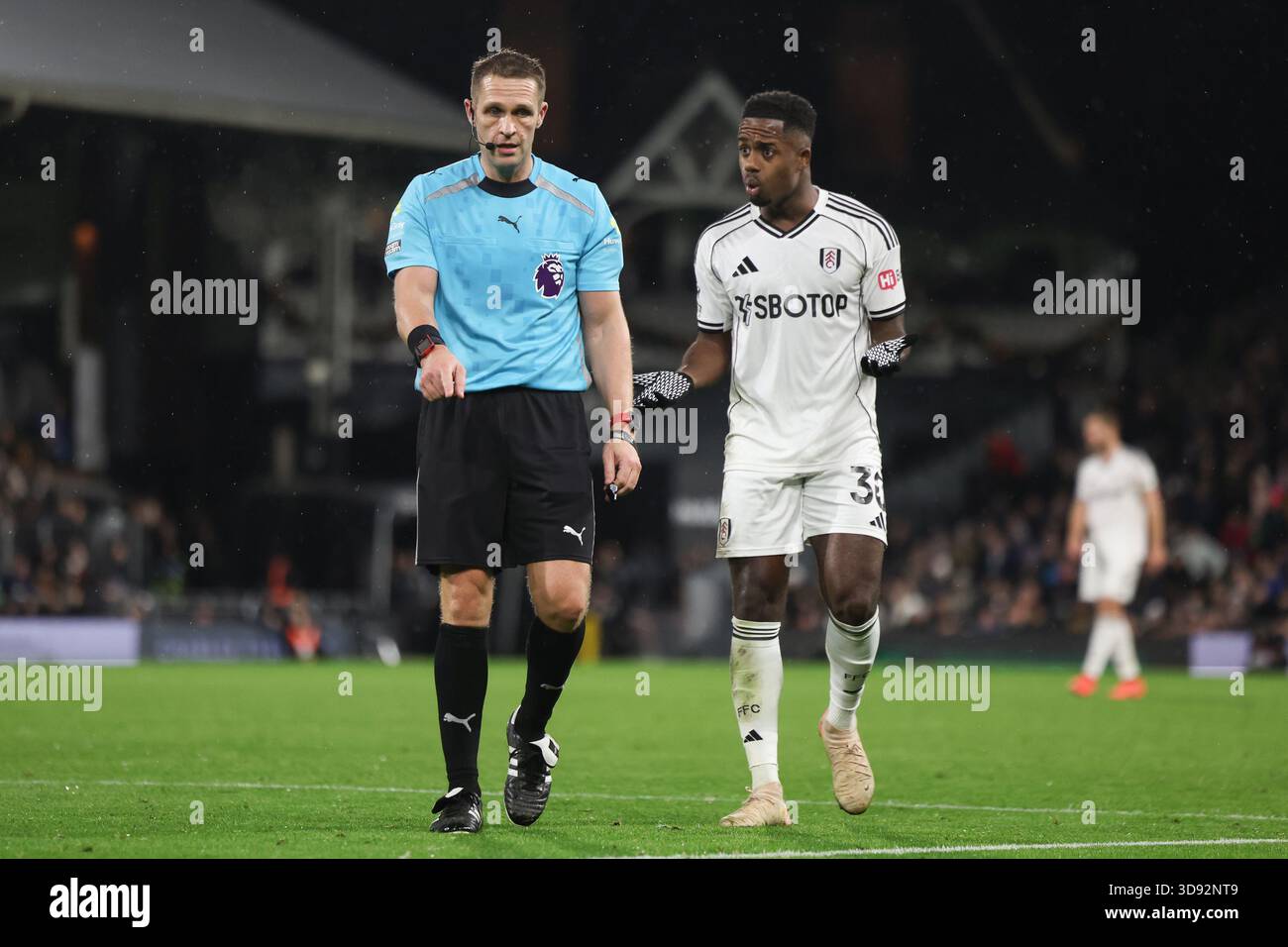 Fulham defender Ryan Sessegnon (30) gestures to referee Craig Pawson during the Fulham v ...