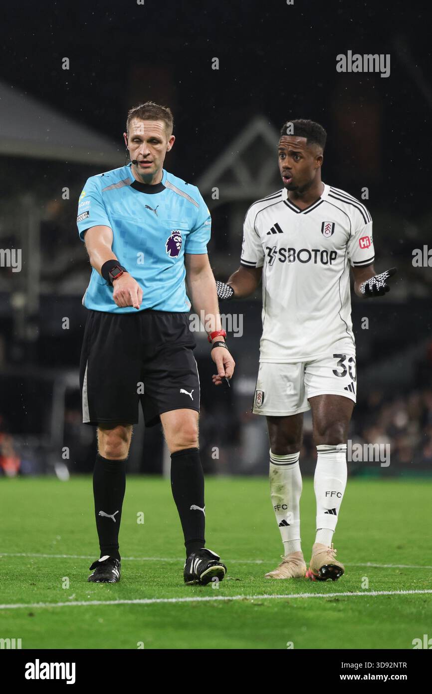 Fulham defender Ryan Sessegnon (30) reacts to referee Craig Pawson during the Fulham v ...