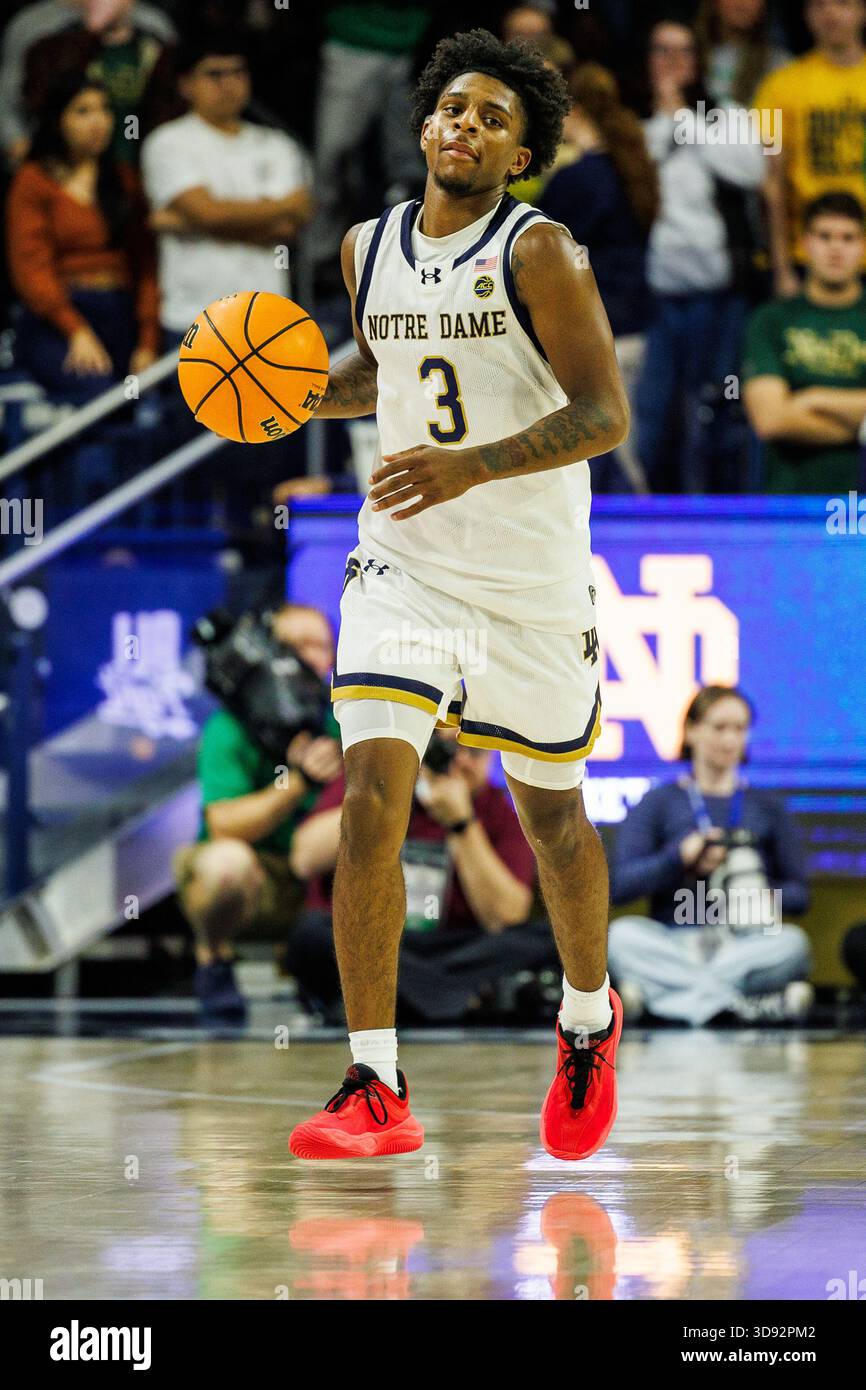 December 02, 2025: Notre Dame guard Markus Burton (3) advances the ball ...