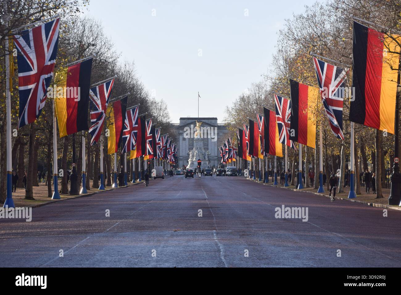 London, UK. 3rd December 2025. German flags and Union Jacks decorate ...