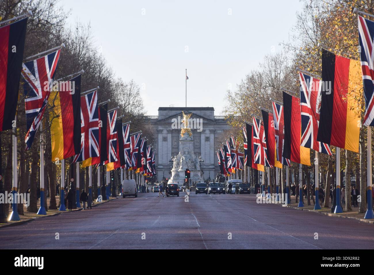 London, UK. 3rd December 2025. German flags and Union Jacks decorate ...