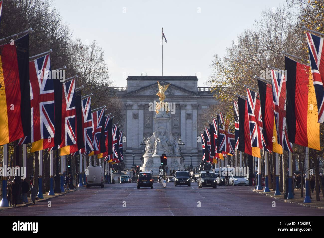 London, UK. 3rd December 2025. German flags and Union Jacks decorate ...