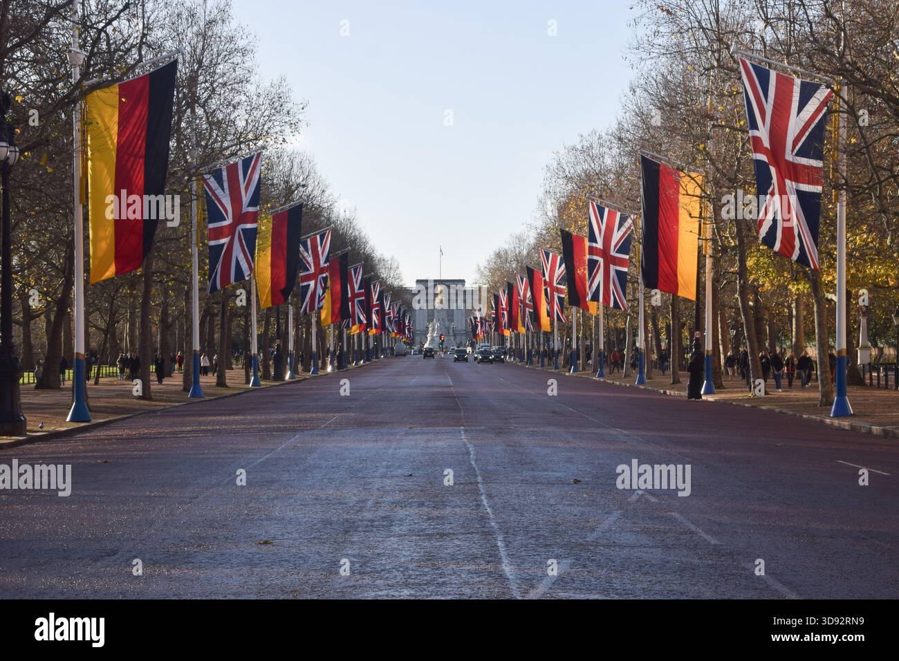 London, UK. 3rd December 2025. German flags and Union Jacks decorate ...