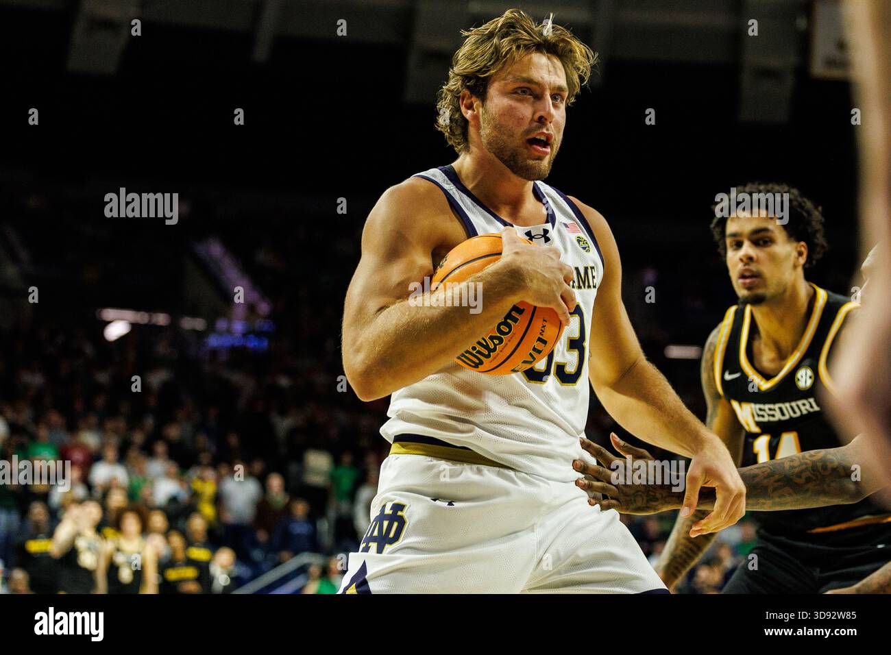 December 02, 2025: Notre Dame forward Carson Towt (33) grabs the ...
