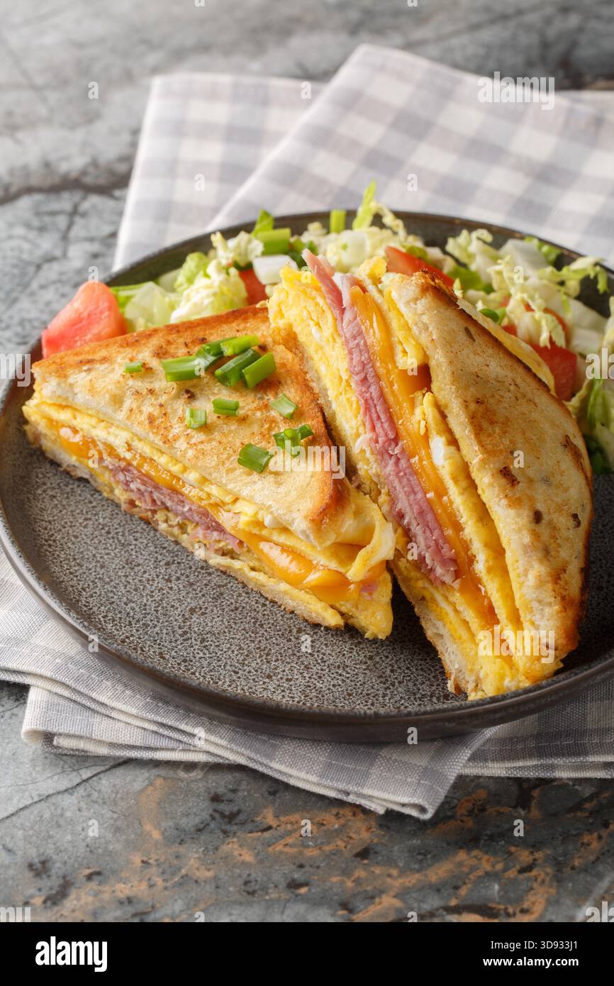 One-Pan Egg Sandwich with ham and cheese closeup on the plate on the ...