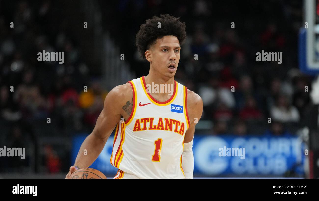 Atlanta Hawks forward Jalen Johnson brings the ball up court during the ...