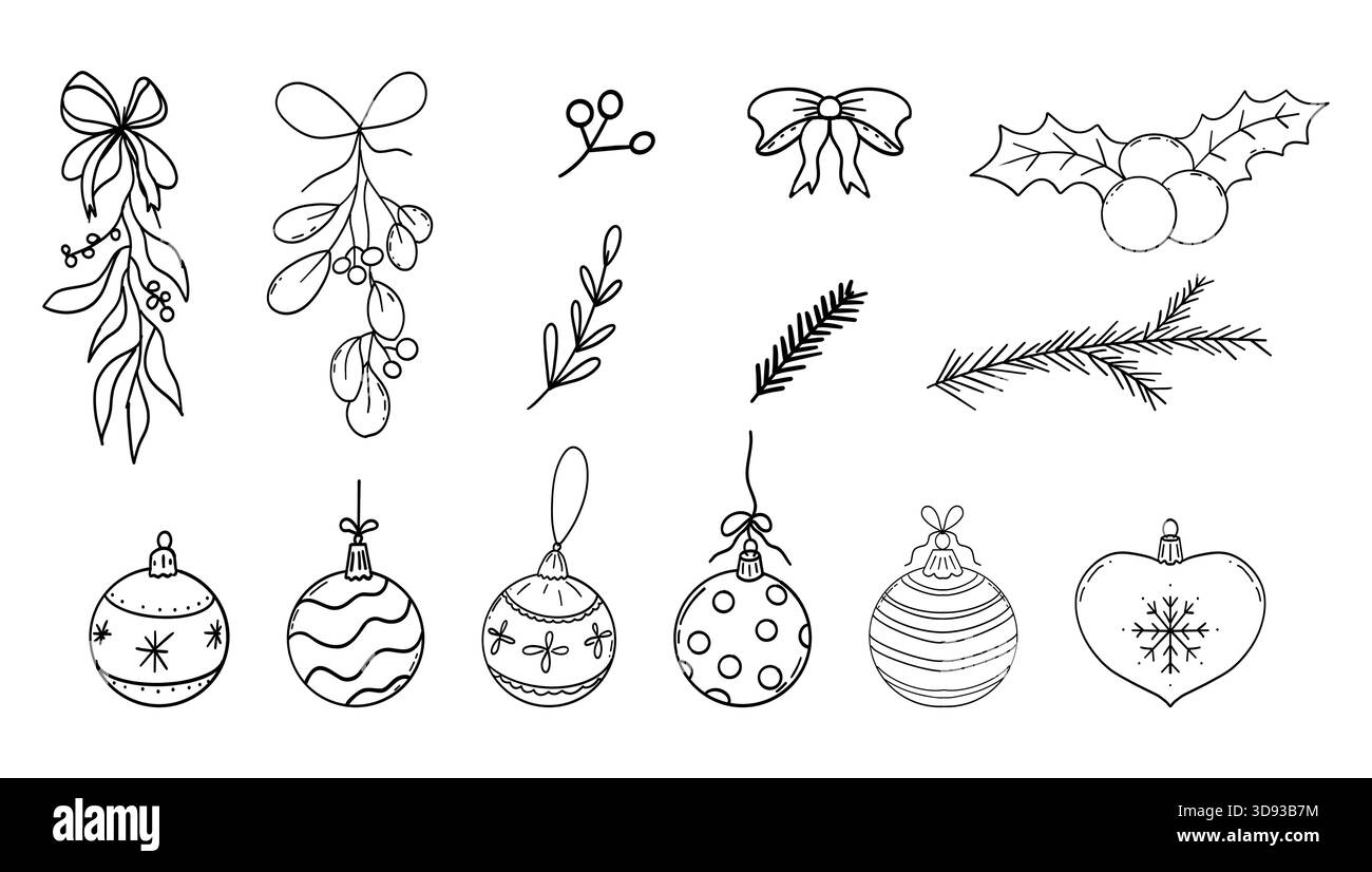 Christmas ball, isolated baubles with ornaments doodle set. Festive ...