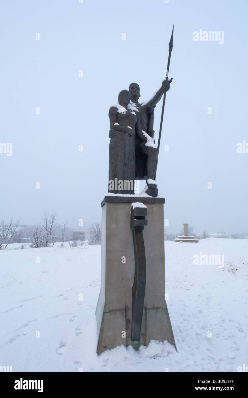 Akureyri, Iceland. 26th November, 2025. The Landnemar statue stands ...
