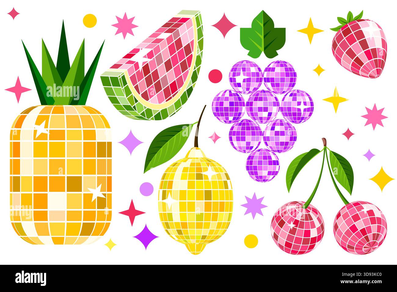 Set of fruits, berries with mirrored disco ball texture. Vector trendy ...