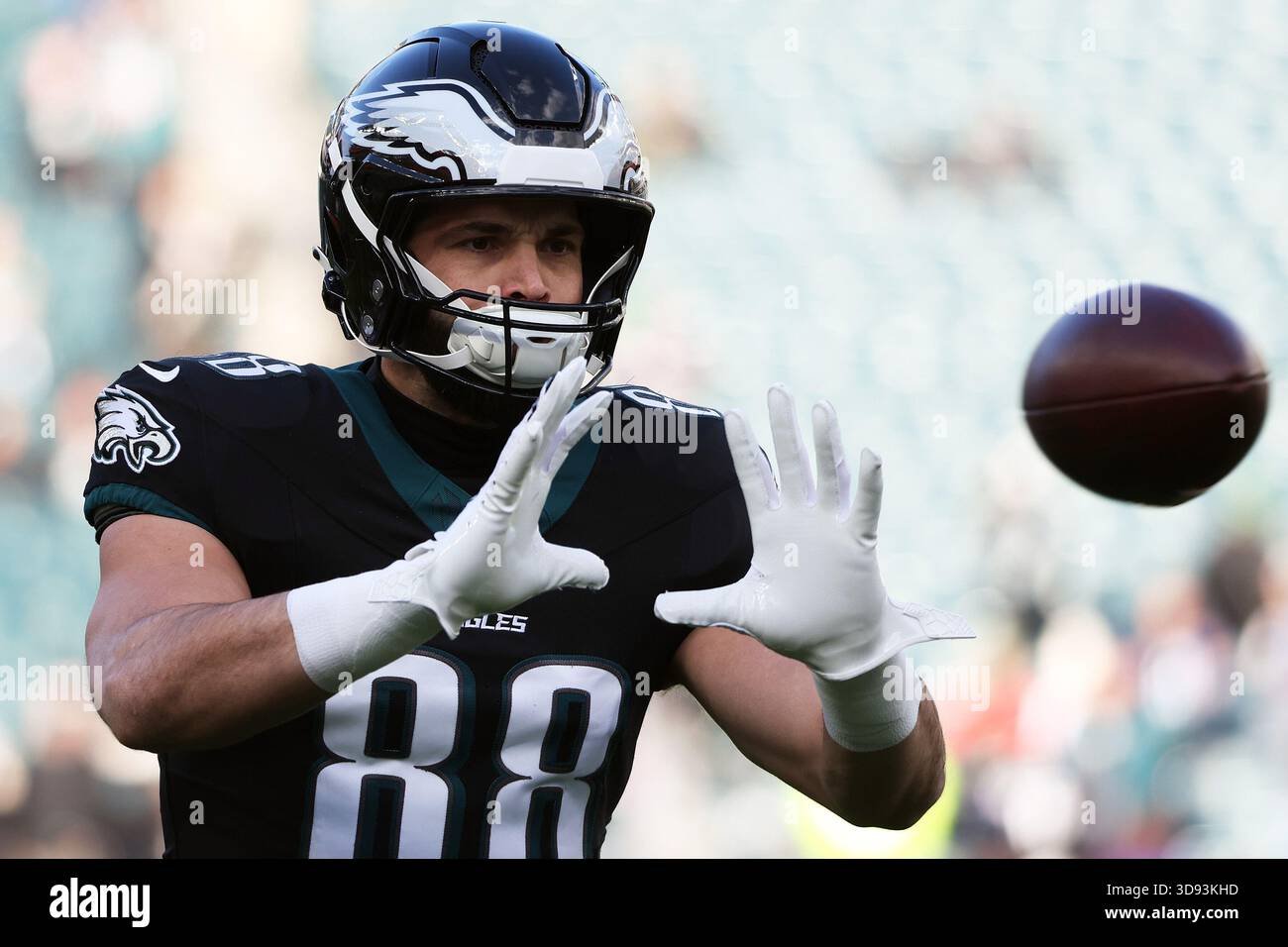 Philadelphia Eagles tight end Dallas Goedert (88) catches the ball before an NFL football game ...
