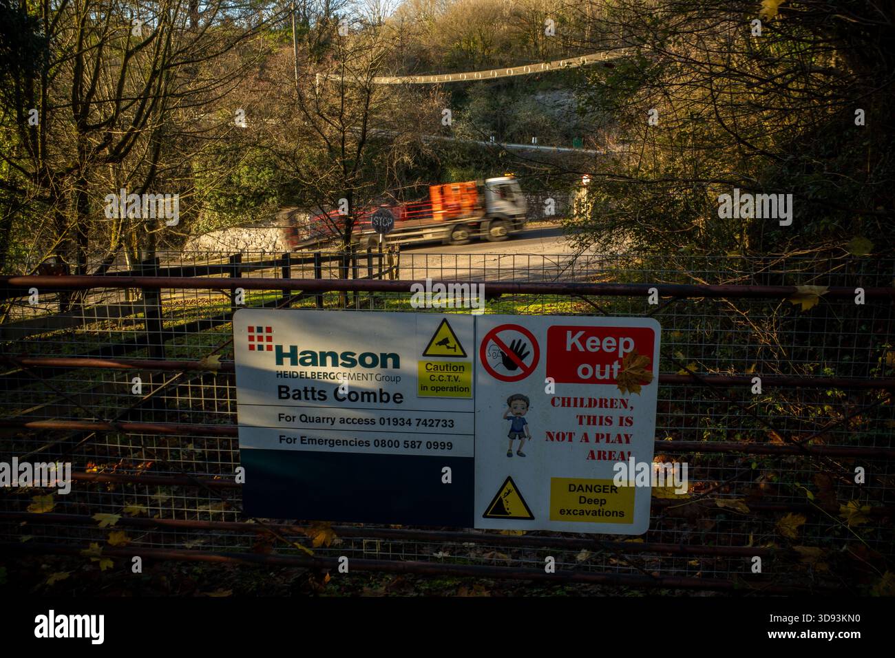 December 2025 - Hanson Batts Combe quarry safety sign with a truck in ...