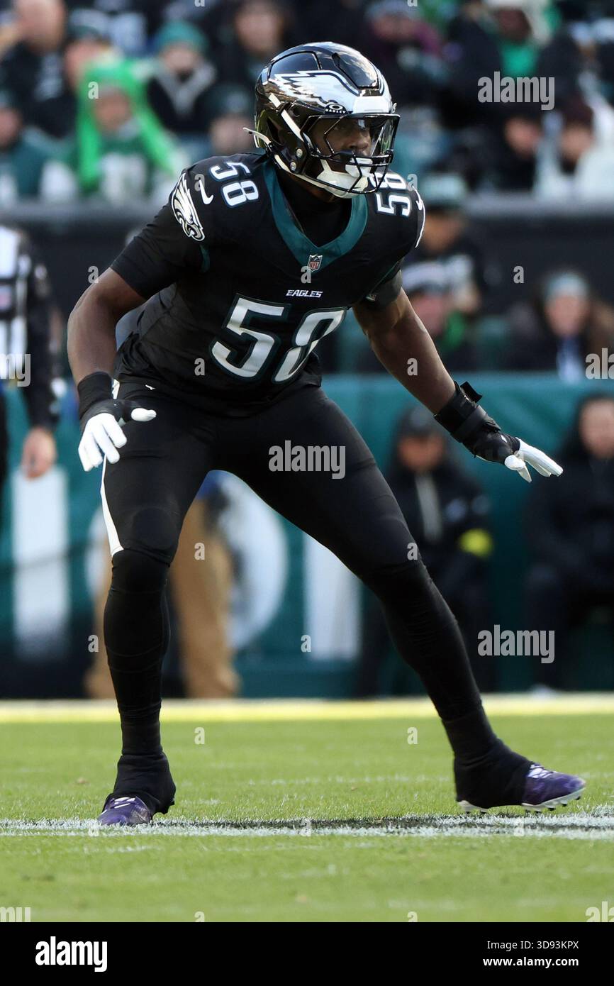 Philadelphia Eagles linebacker Jalyx Hunt (58) rushes during an NFL ...