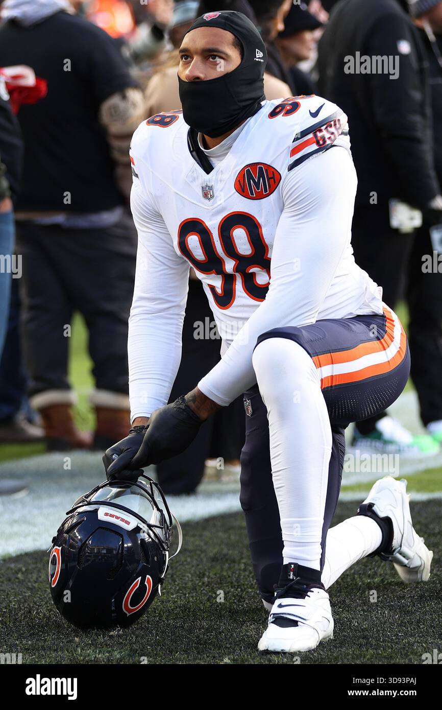 Chicago Bears defensive end Montez Sweat (98) looks on before an NFL ...