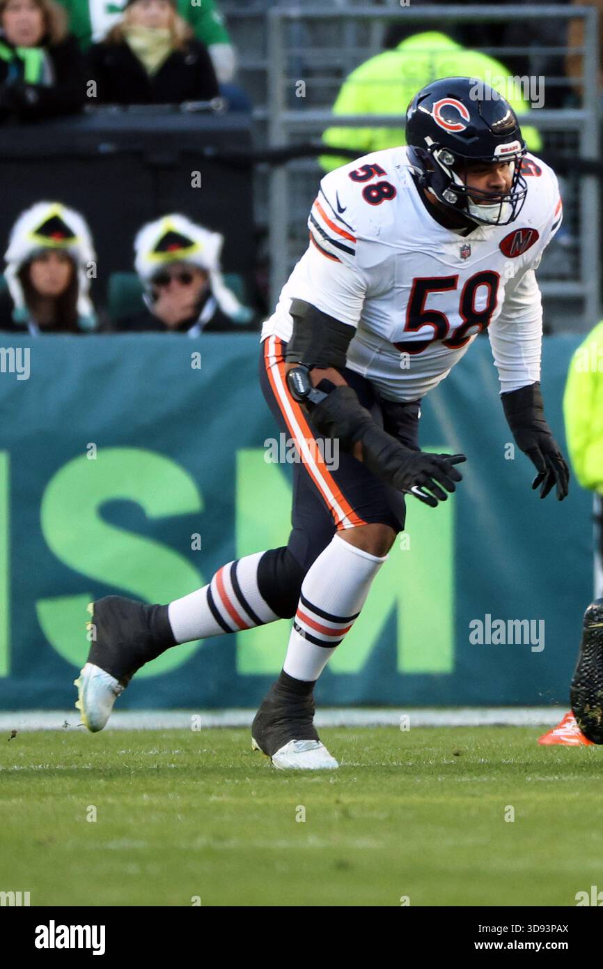 Chicago Bears offensive tackle Darnell Wright (58) blocks during an NFL football game against ...