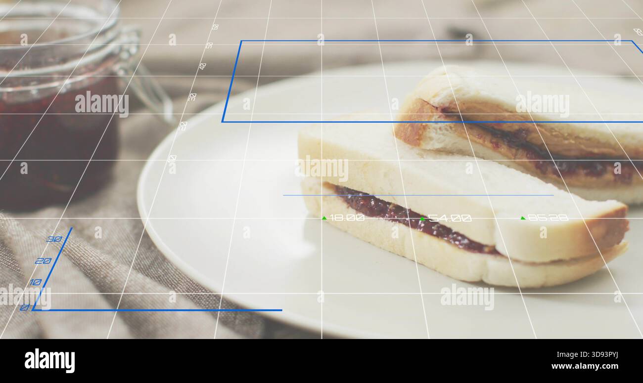 Displaying sandwich halves on white ceramic plate at tabletop, with jam ...
