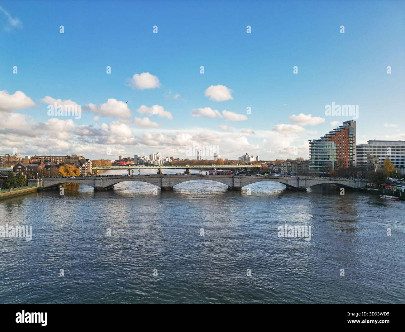 Sunny winter aerial views of Putney Bridge looking Eastwards. Shot by ...
