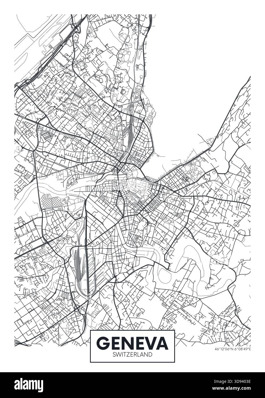 City map Geneva, detailed urban planning travel vector poster design ...