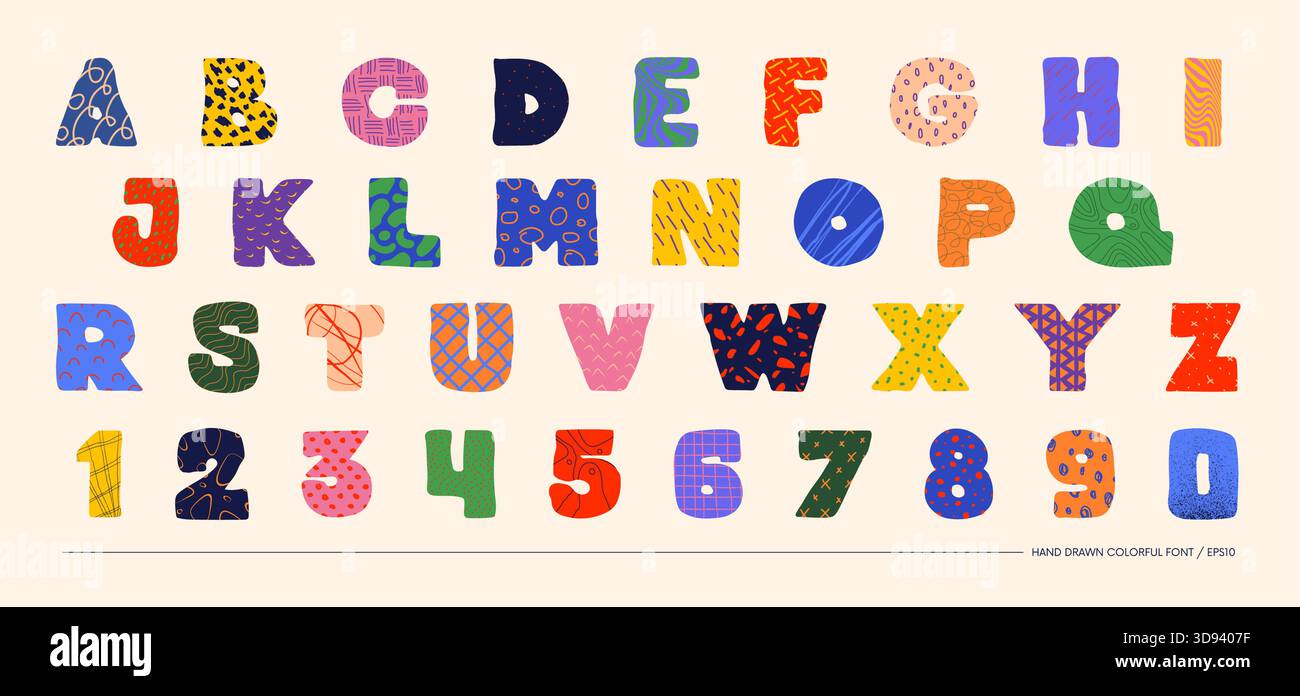 Hand drawn colorful bizarre alphabet thick font with different textures ...