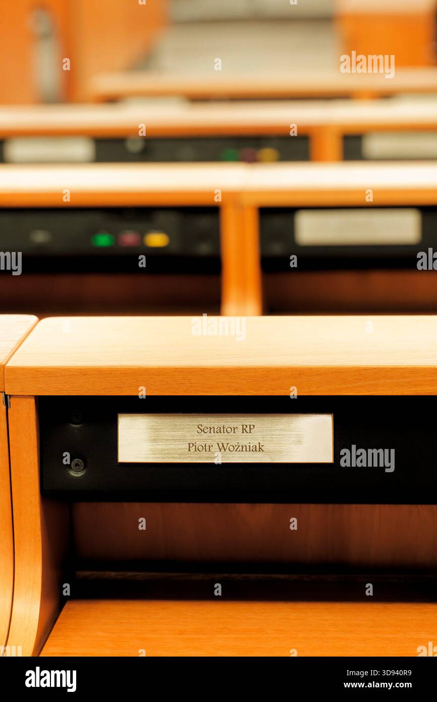 Named senator desk inside the Polish Senate chamber Stock Photo - Alamy