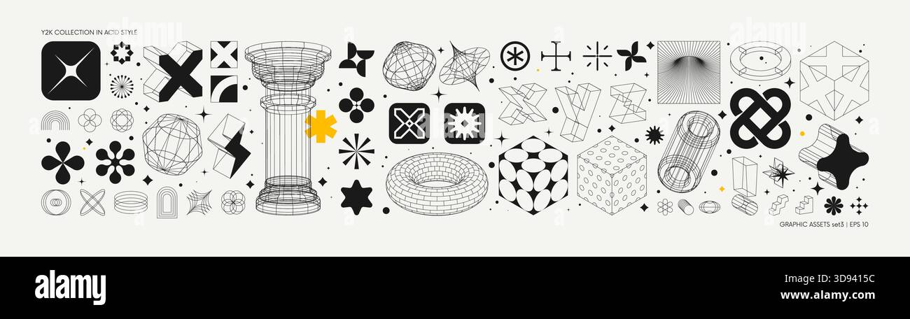 Vector graphic assets set in acid style, retro futuristic background ...